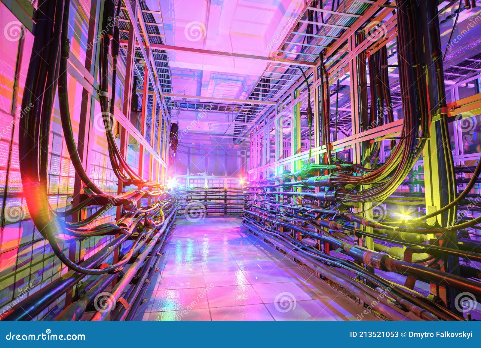 The Technical Room with Many Cables is Illuminated by Multi-colored ...