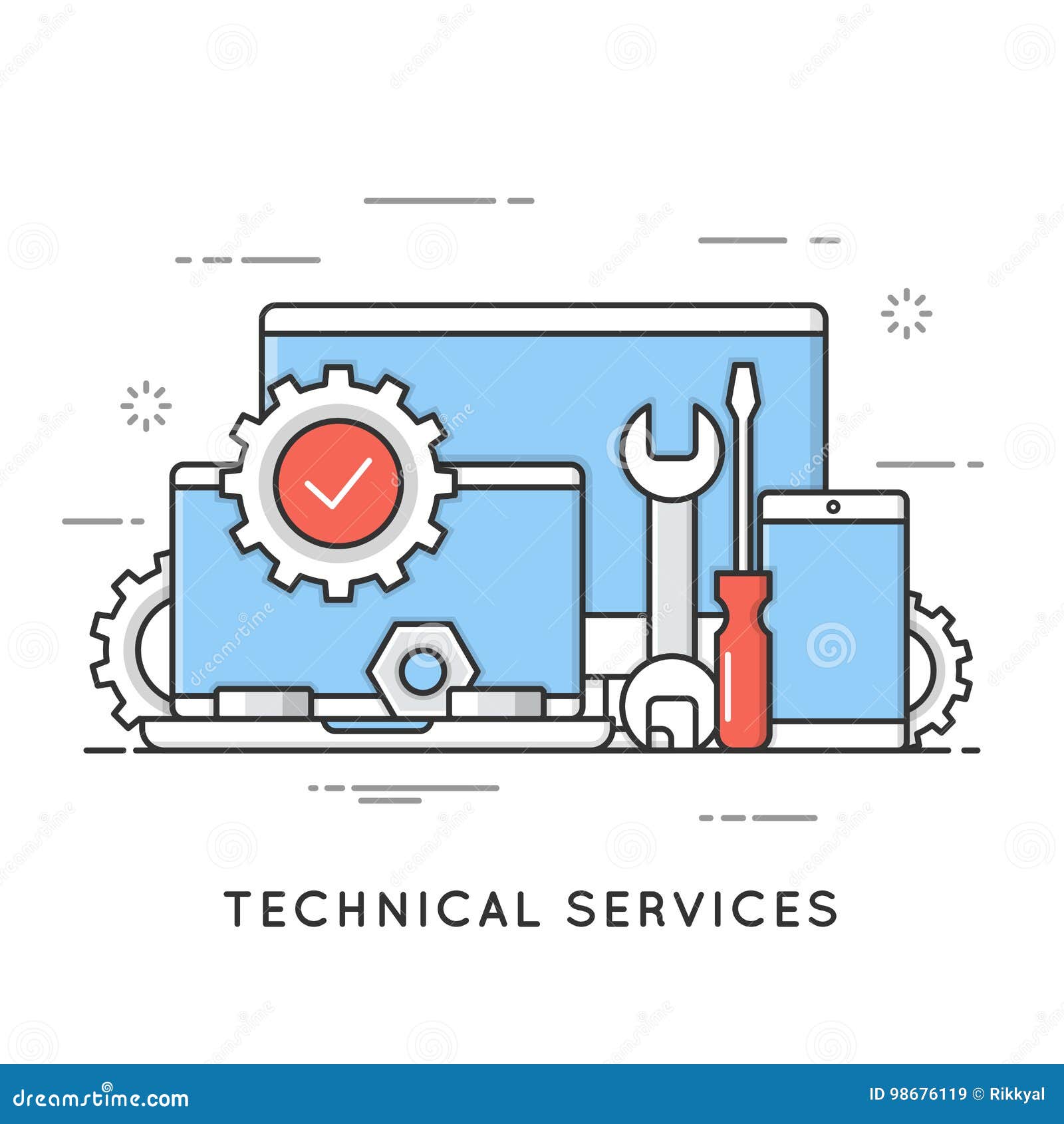 Technical Services, Computer Repair, Support. Flat Line Art Styl Stock ...