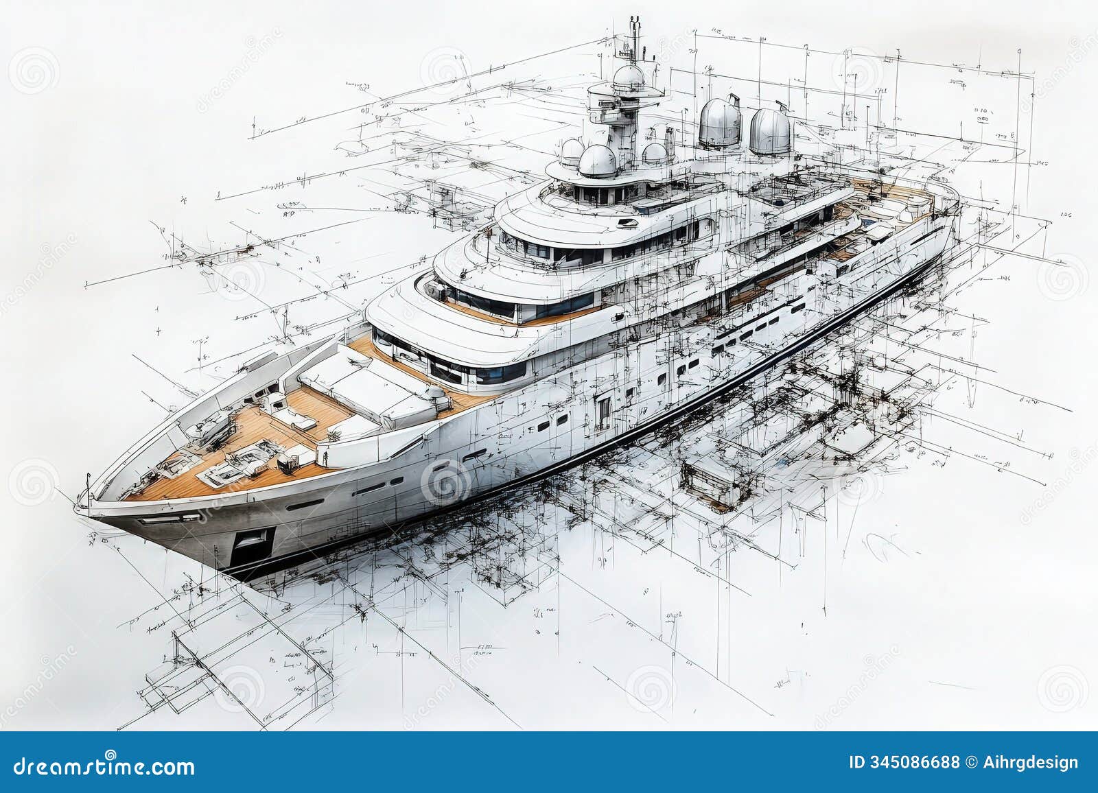 Intricate Technical Sketch of a Modern Yacht Showcasing Detailed Design ...
