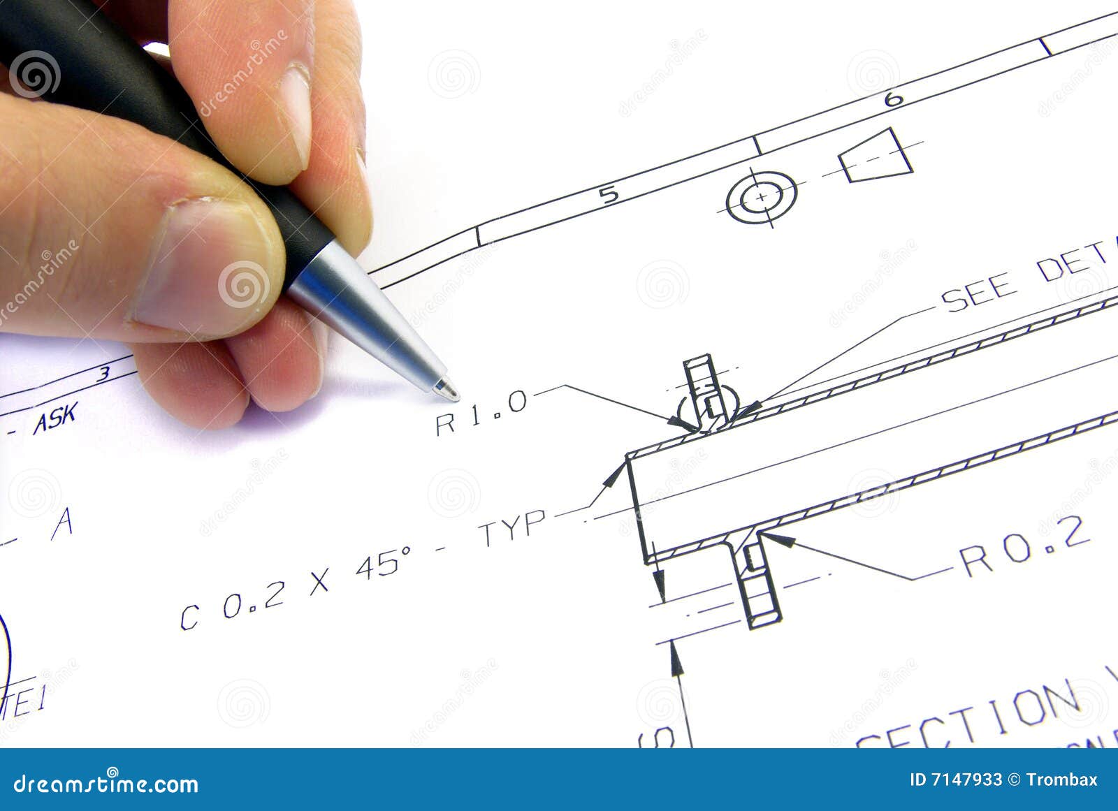 Technical Sketch with Hand and Pen. Stock Image - Image of detail ...