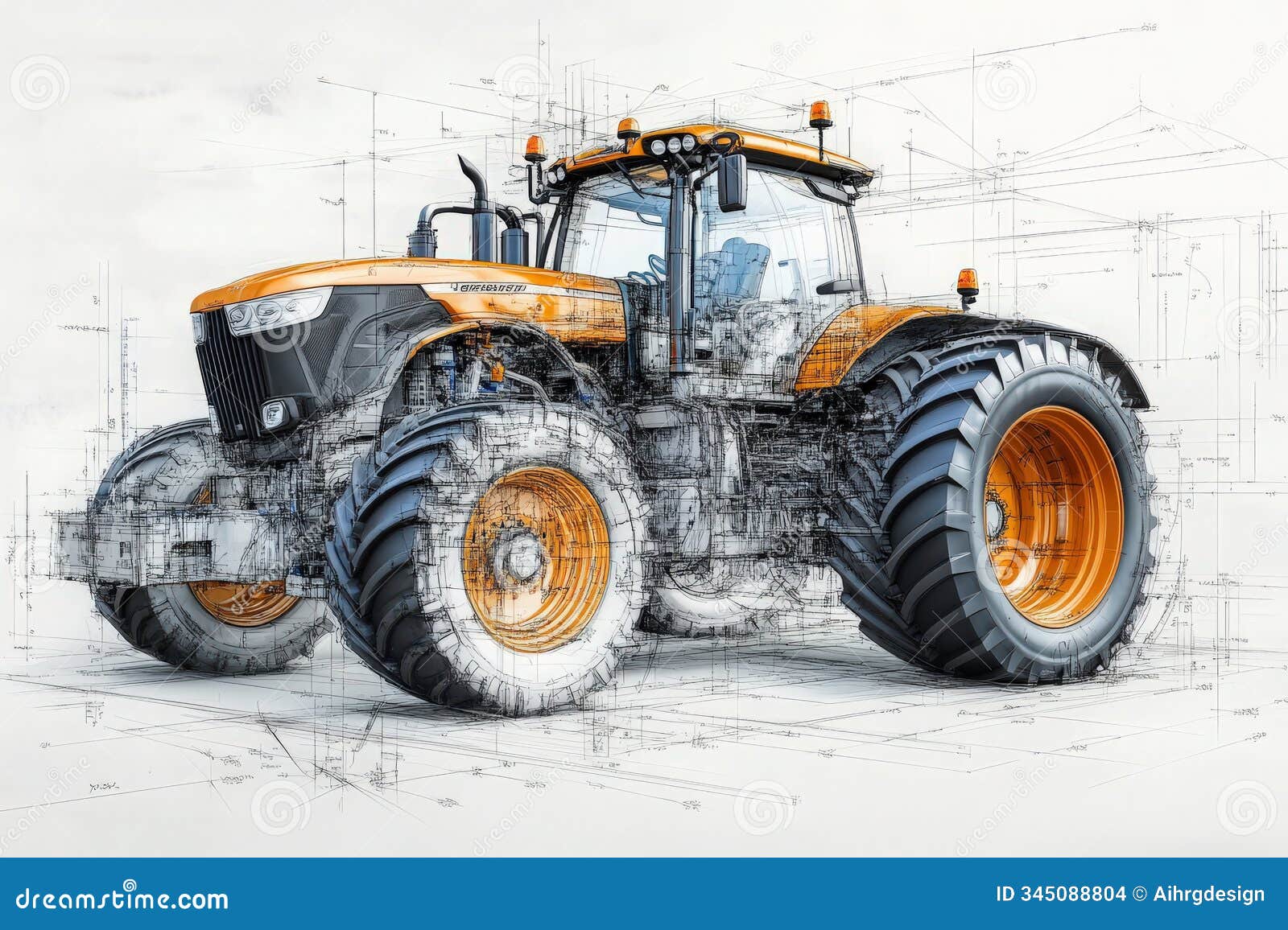 A Technical Sketch of a Modern Agricultural Tractor Showcasing Detailed ...