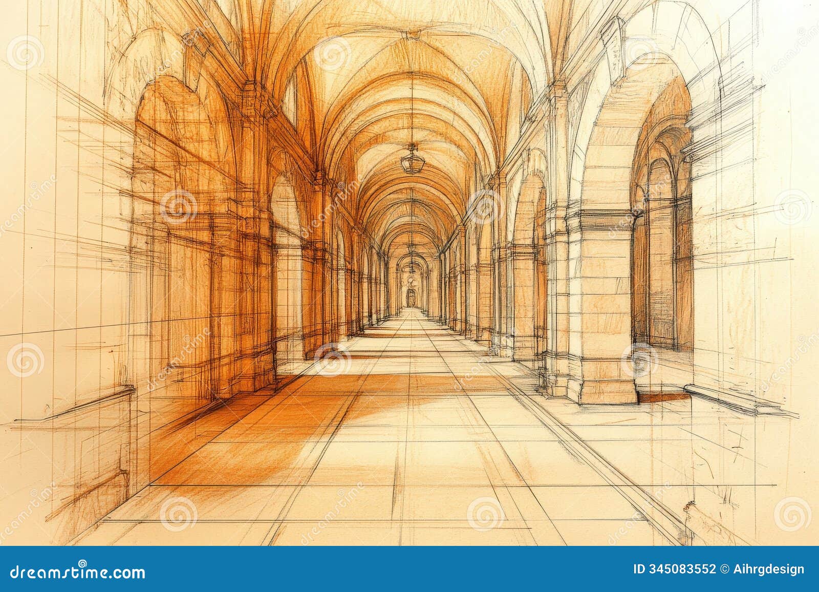 Detailed Technical Sketch of an Architectural Hallway Design with ...