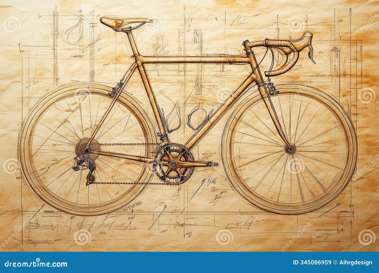 Detailed Technical Sketch of a Bicycle Frame Showcasing Design Features ...