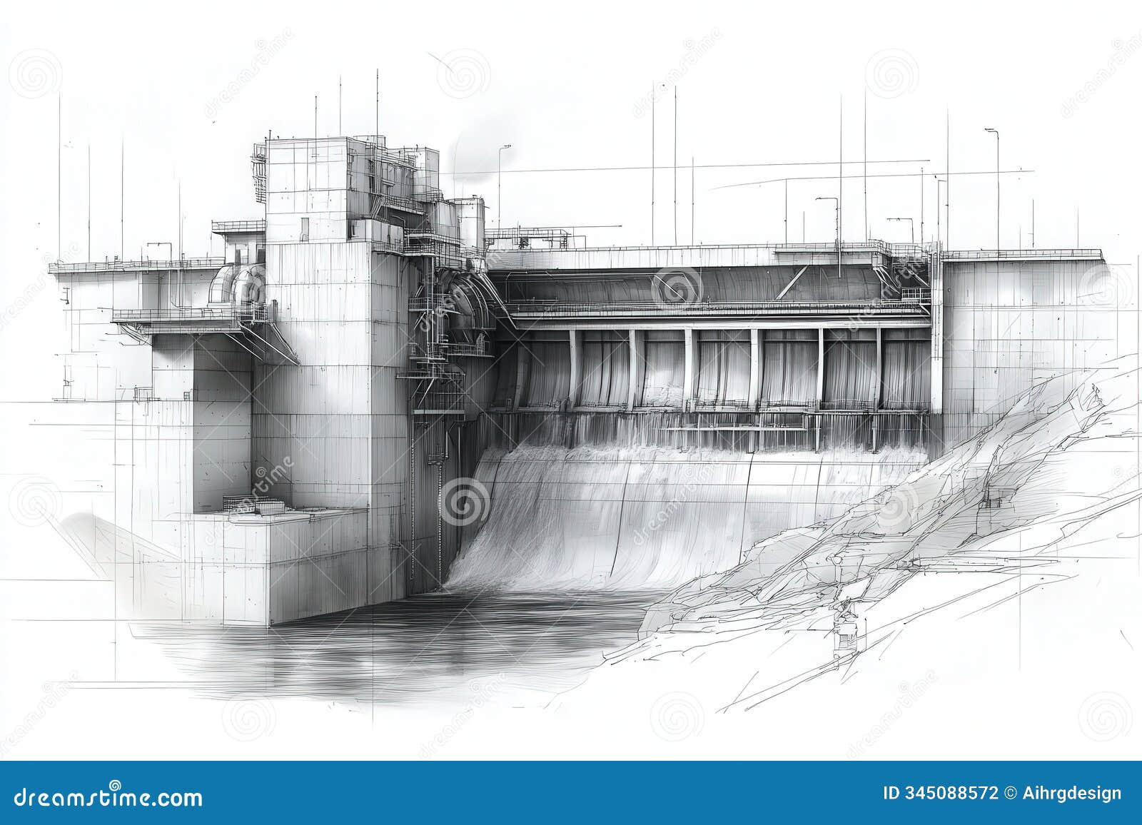 Technical Sketch of a Hydroelectric Dam Design Showcasing Structure ...