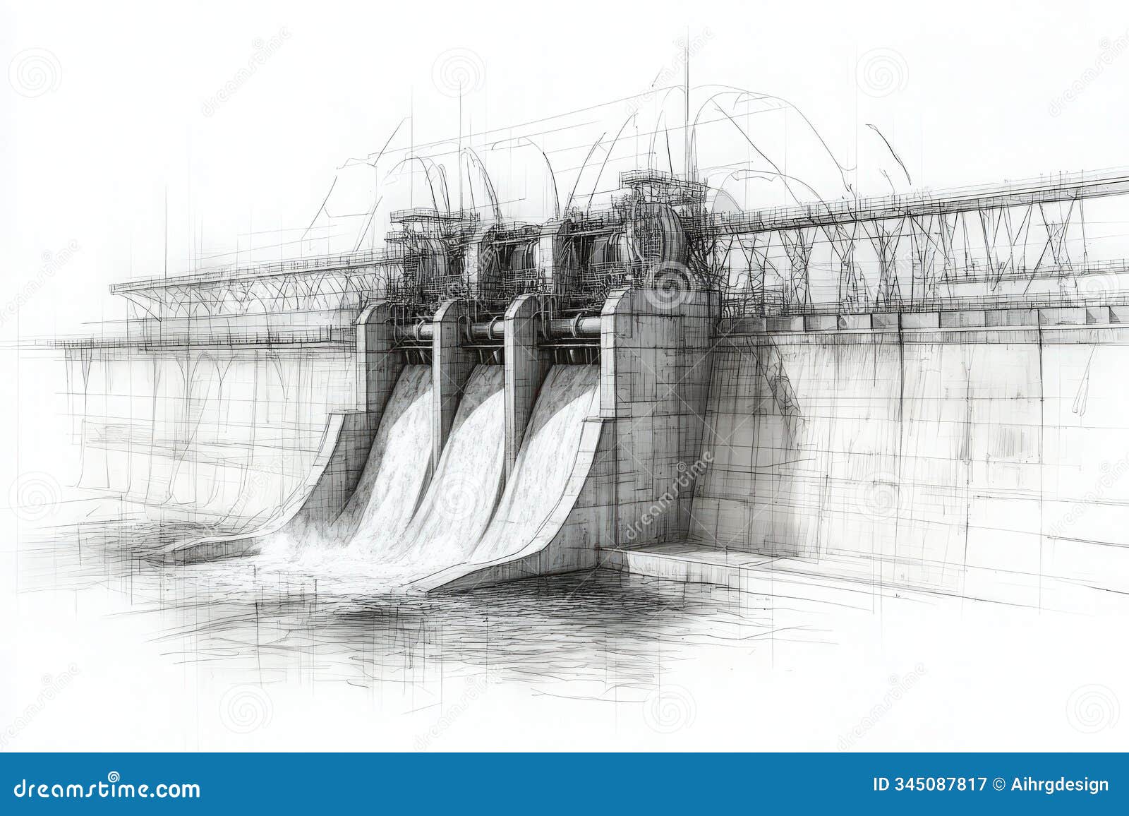Technical Sketch of a Hydroelectric Dam Design with Water Flow Details ...