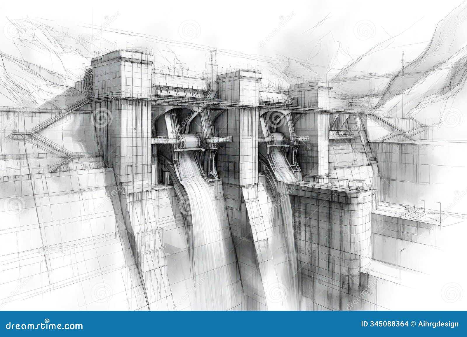 Technical Sketch of a Hydroelectric Dam Design Showcasing Its Structure ...