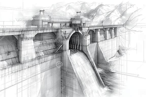 Technical Sketch of a Hydroelectric Dam Showcasing Design Features and ...