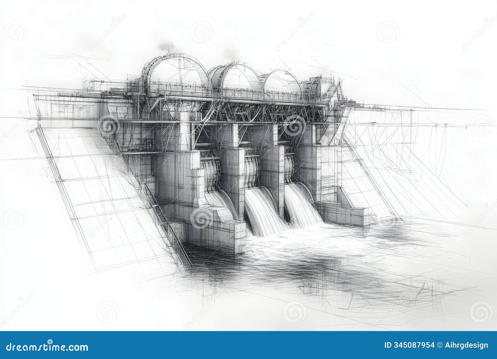 Technical Sketch of a Hydroelectric Dam Showing Water Flow and ...