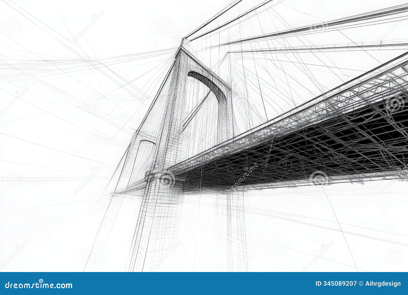 Technical Sketch of a Modern Suspension Bridge Design with Intricate ...