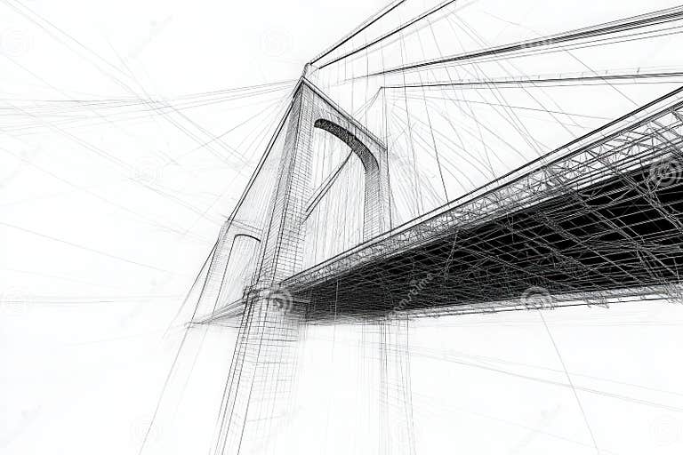Technical Sketch of a Modern Suspension Bridge Design with Intricate ...
