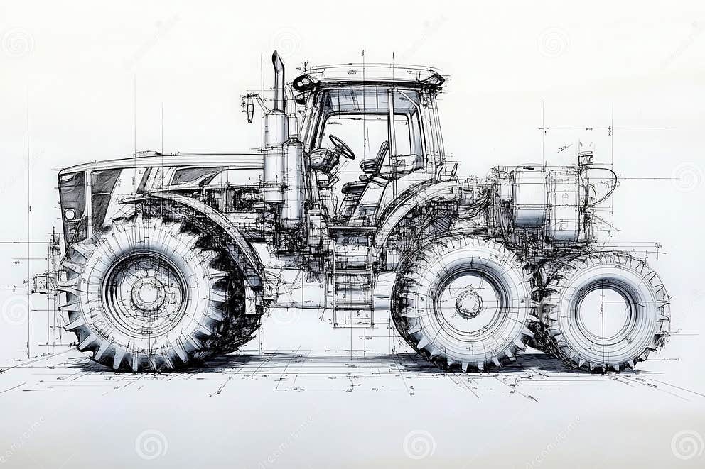 Technical Sketch of a Modern Tractor Showcasing Detailed Design and ...