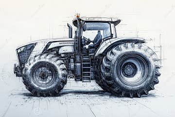 Detailed Technical Sketch of a Modern Tractor Showcasing Design ...