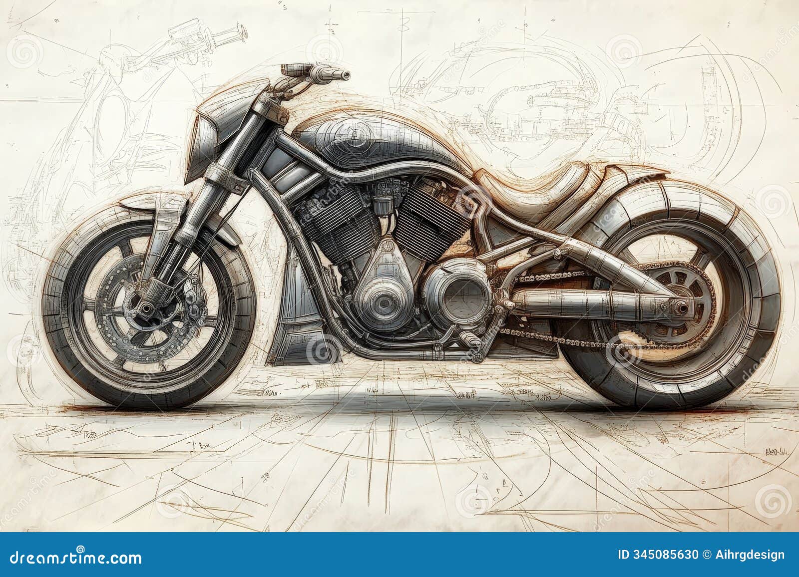 Detailed Technical Sketch of a Motorcycle Design Showcasing Components ...