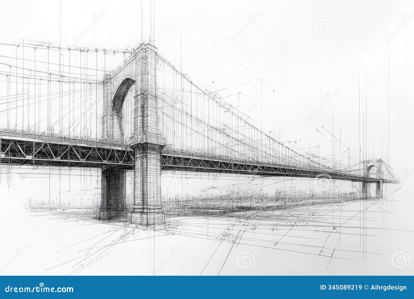 Detailed Technical Sketch of a Suspension Bridge Design Showcasing ...