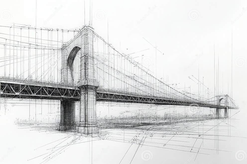 Detailed Technical Sketch of a Suspension Bridge Design Showcasing ...