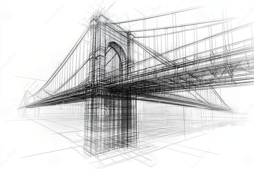 Technical Sketch of a Suspension Bridge Design Featuring Intricate ...