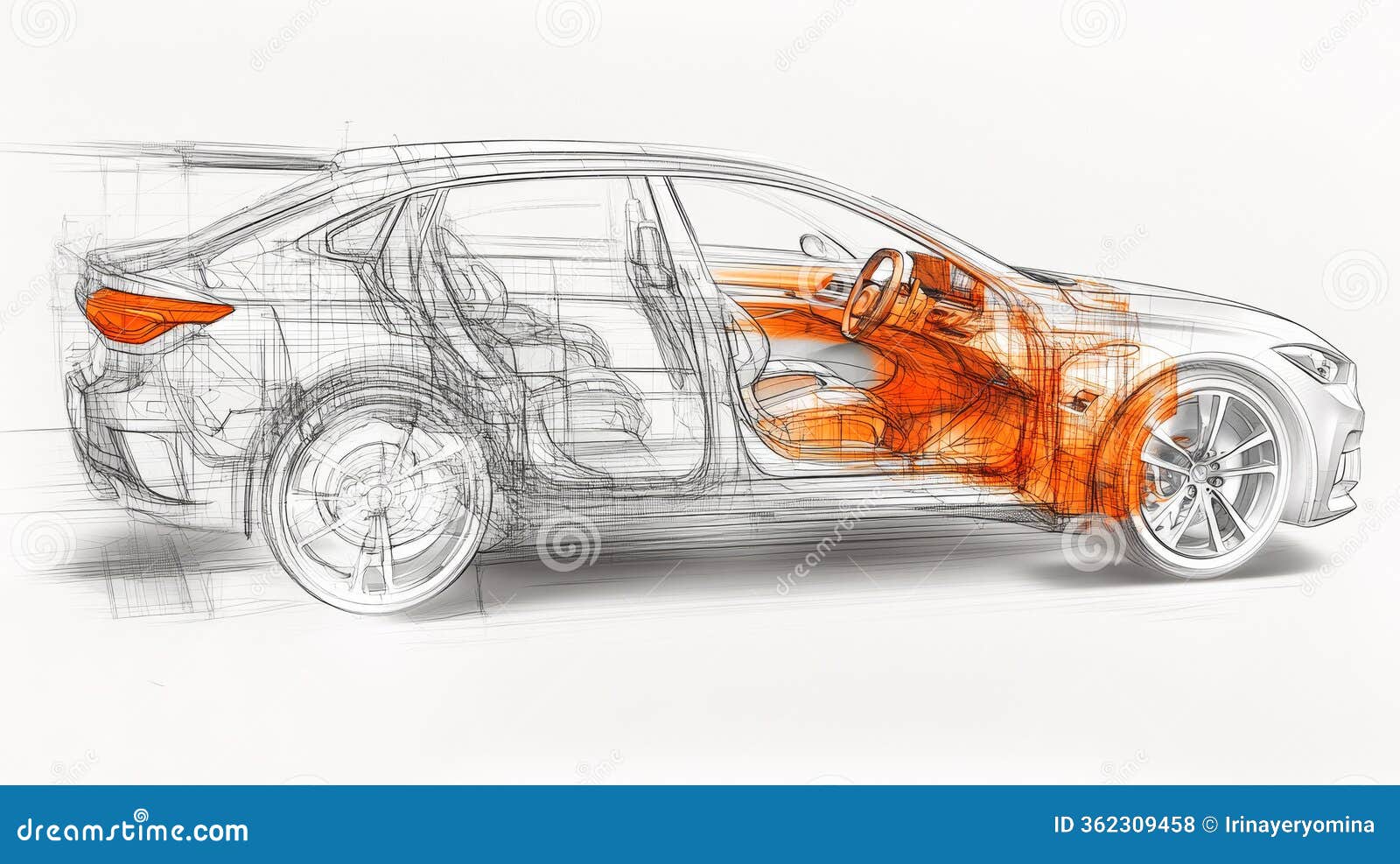 Technical Sketch of Modern Car Design with Detailed Orange-highlighted ...