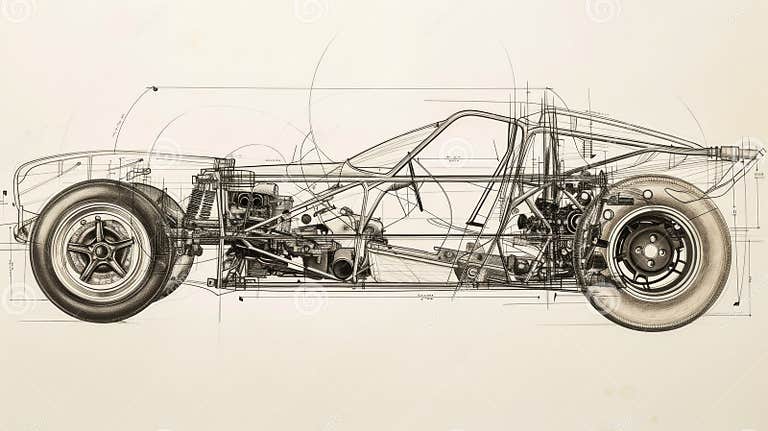 Technical Sketch of a Race Car Chassis with Internal Components Stock ...