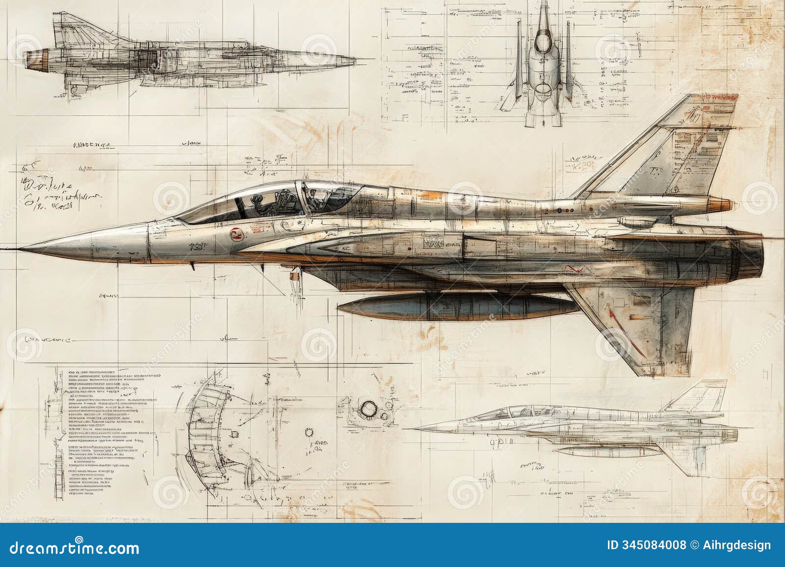 Technical Sketch of a Jet Fighter Design Featuring Detailed Drawings ...