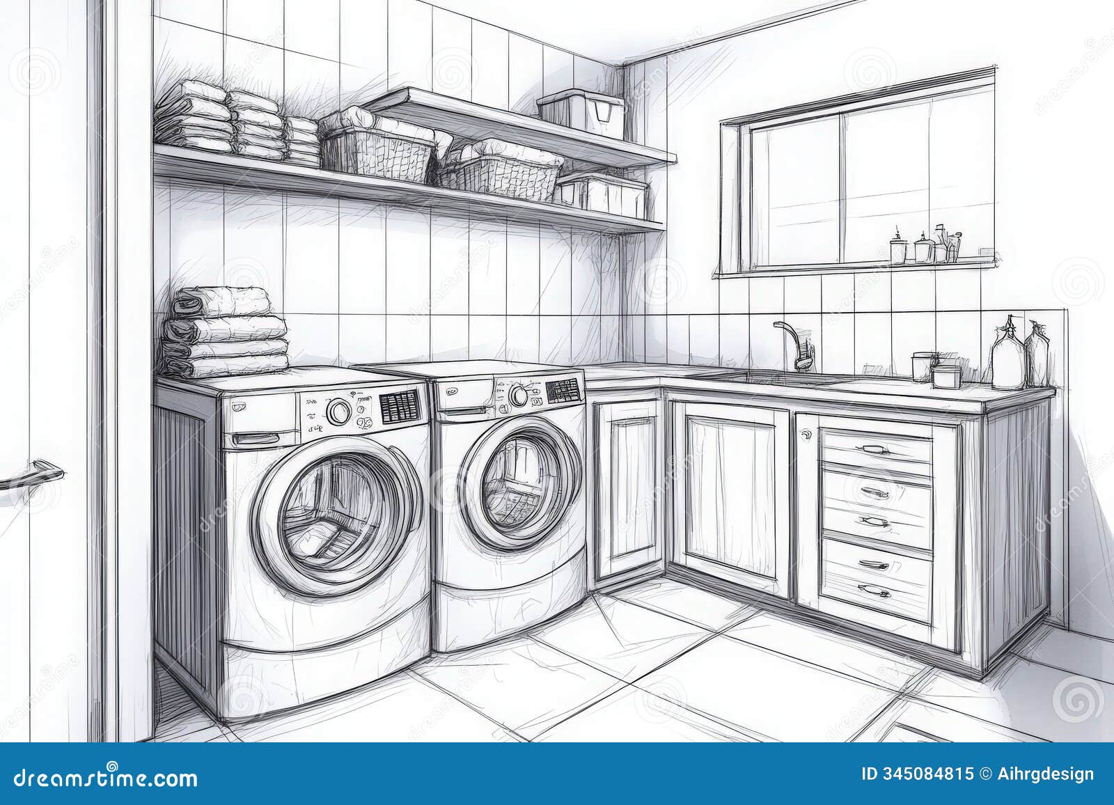 Detailed Technical Sketch of a Modern Laundry Room Layout with Storage ...
