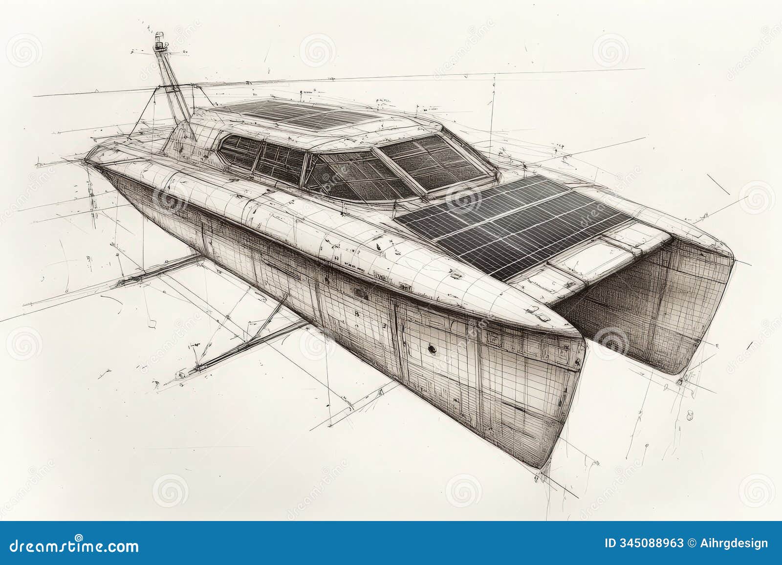 Technical Sketch of a Solar-powered Catamaran Design with Detailed ...
