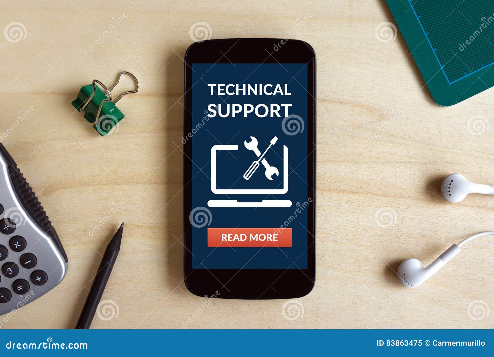 Technical Support Concept on Smart Phone Screen on Wooden Desk Stock ...