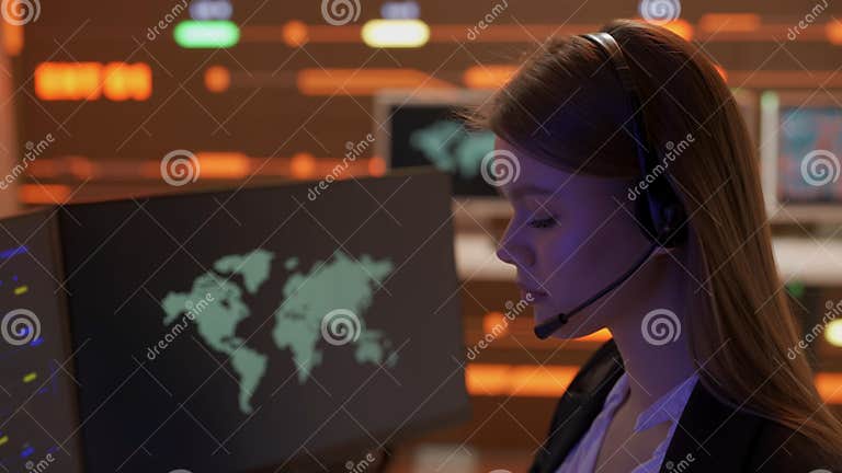 Technical Support in Control Room. Female it Specialists in Headsets ...