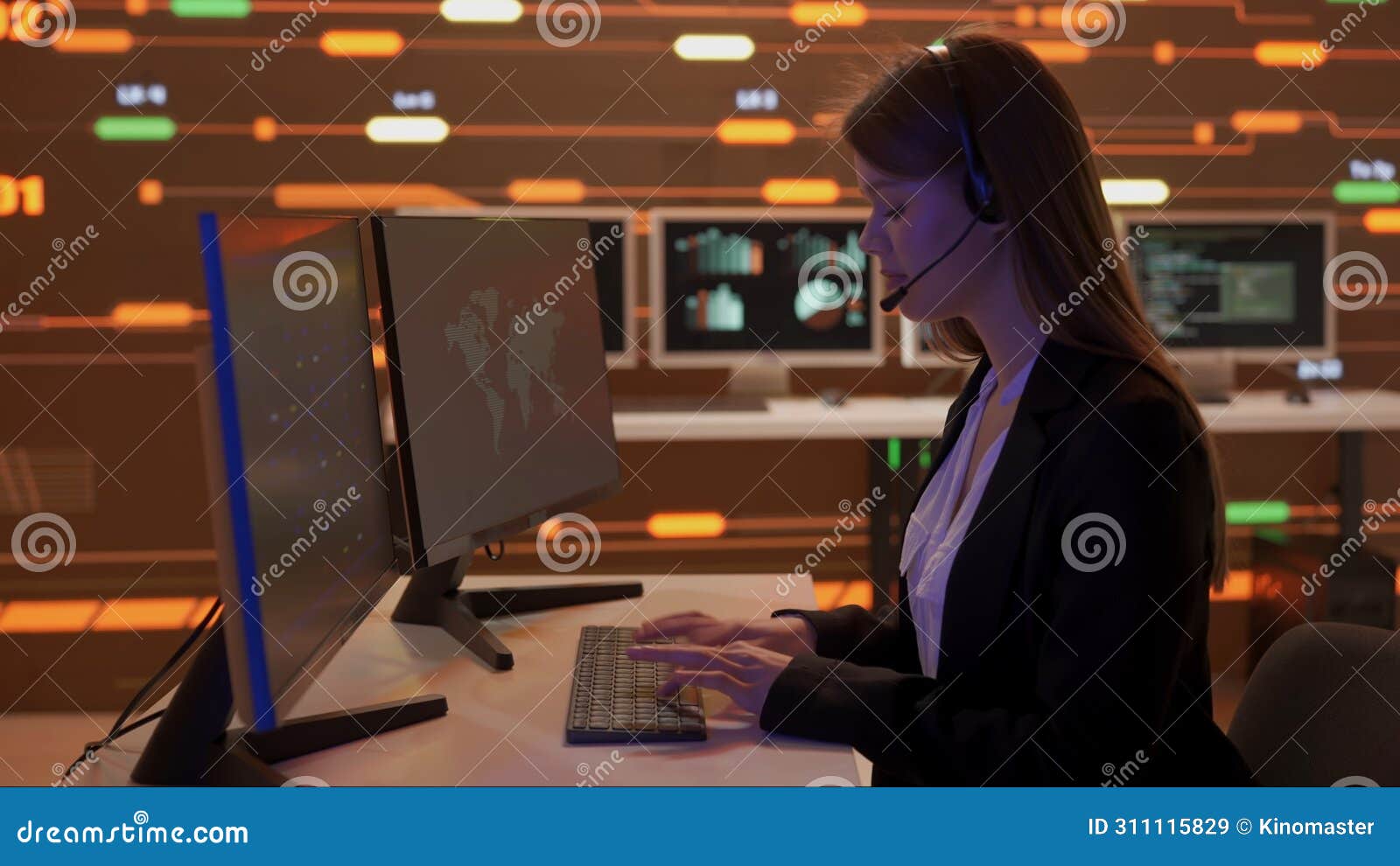 Technical Support in Control Room. Female it Specialists in Headsets ...