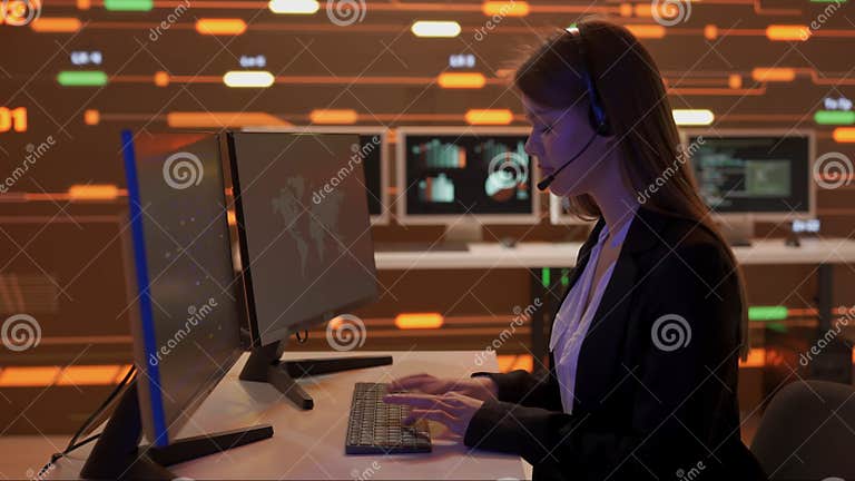 Technical Support in Control Room. Female it Specialists in Headsets ...