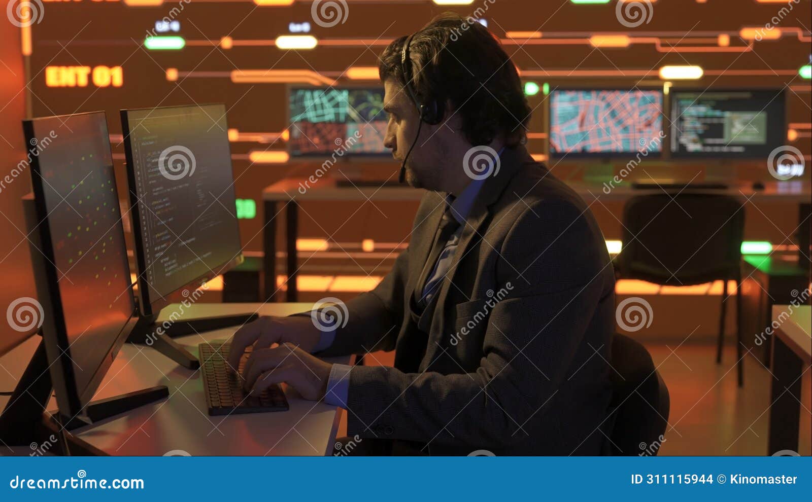 Technical Support in Control Room. Man it Specialist Works on Computer ...