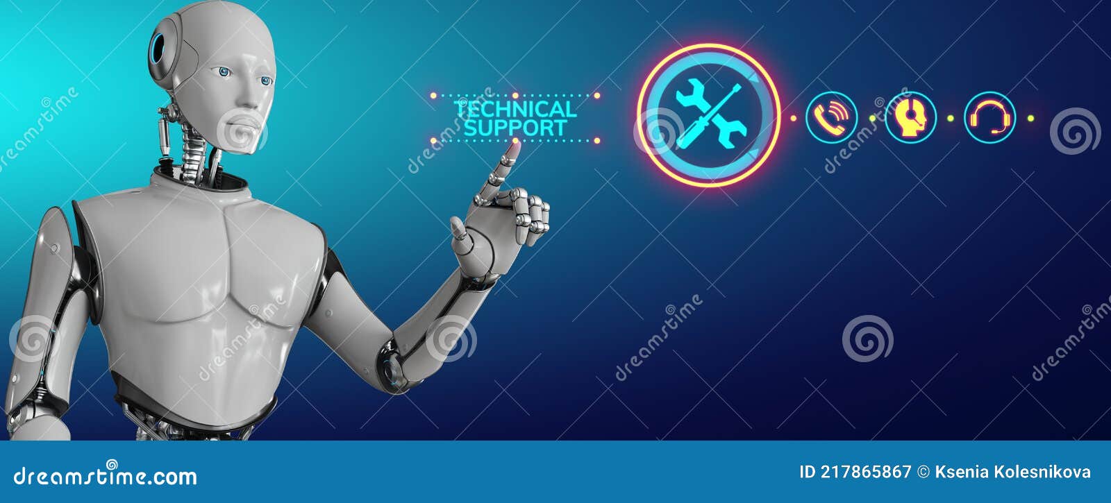 Technical Support Customer Service Automation. Robot Pressing Button on ...