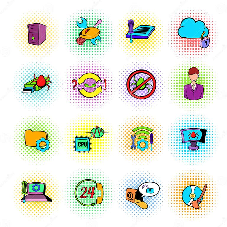 Technical Support Icons, Comics Style Stock Illustration - Illustration ...