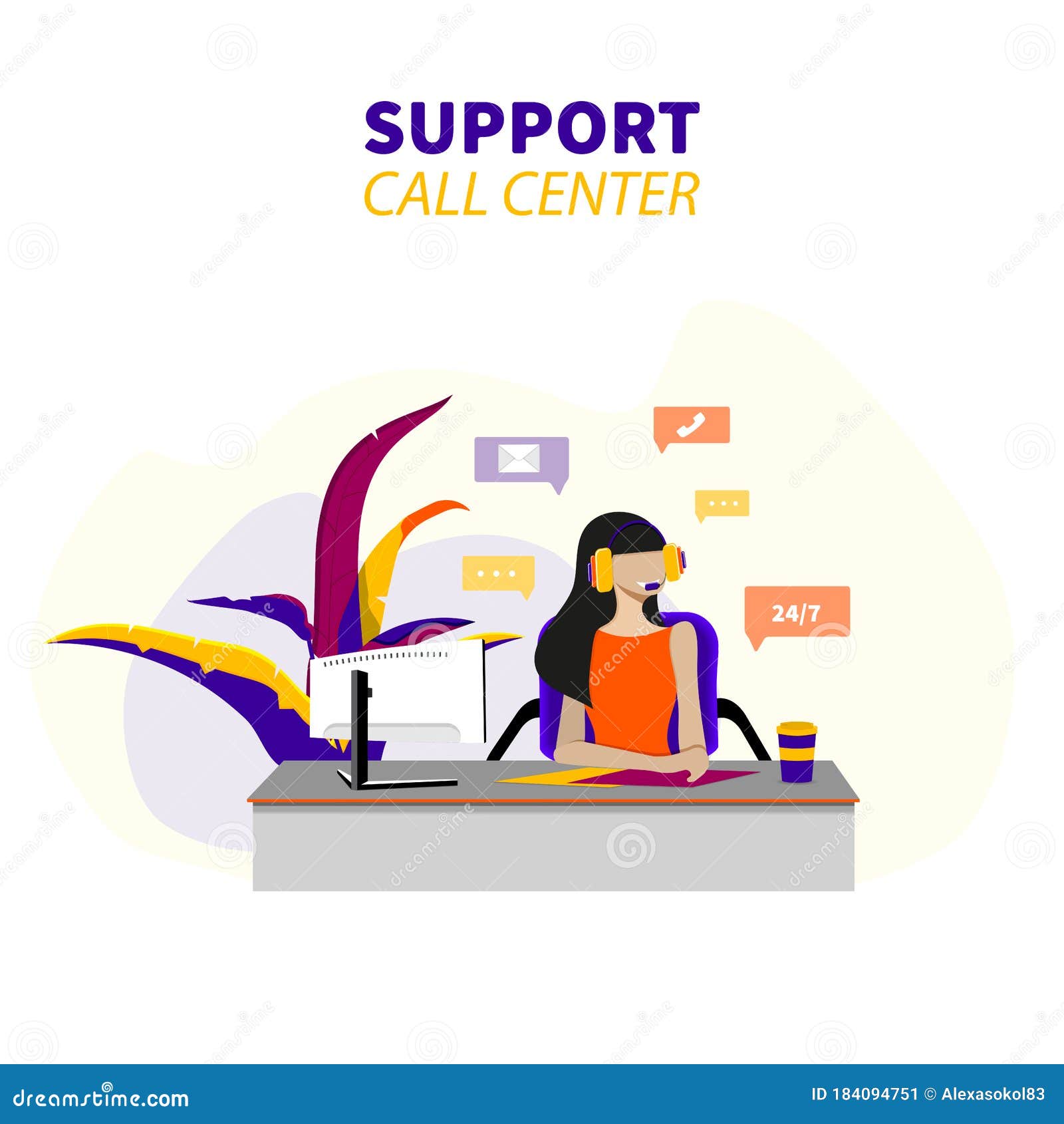 Vector Illustration Female Customer Service. Hotline Operator Advises ...