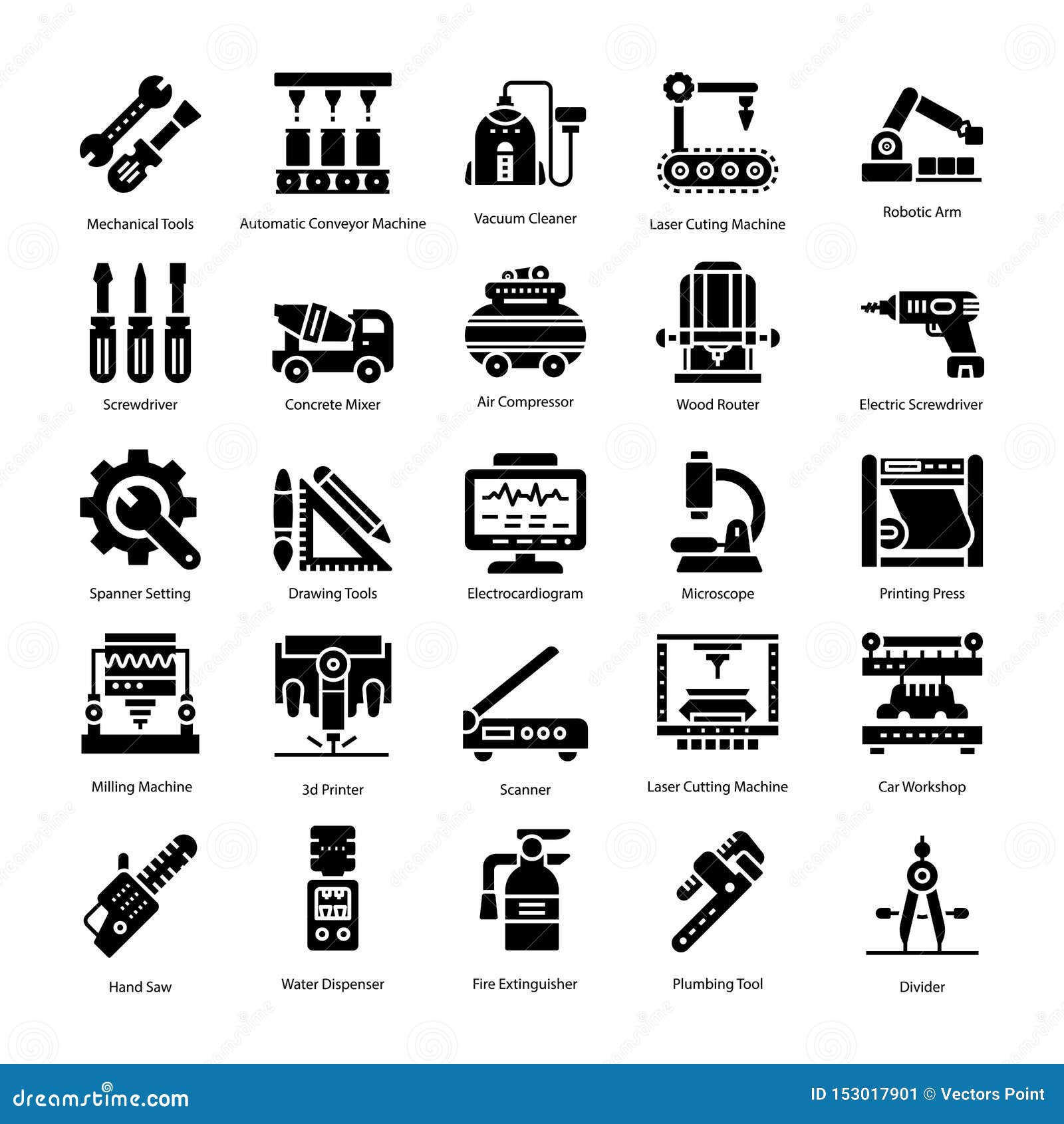 Technical Tools and Machines Solid Icons Set Stock Vector ...