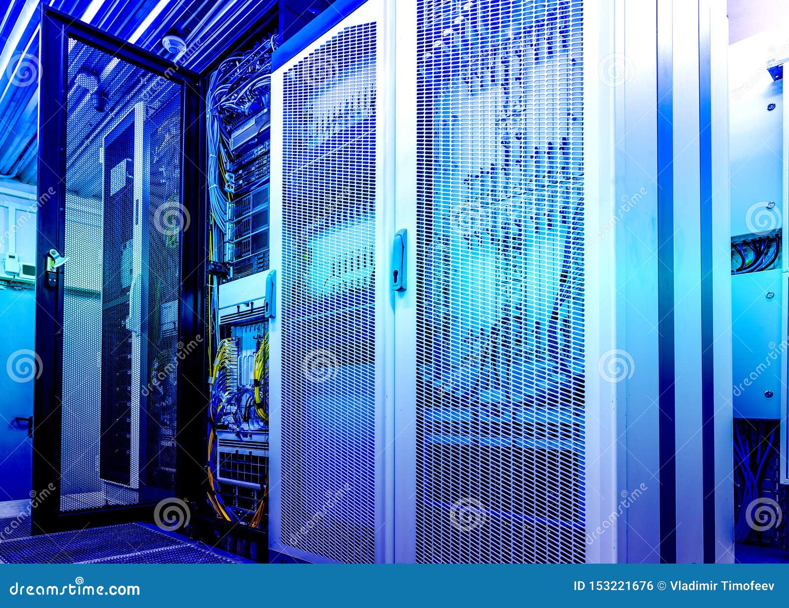 Technical Wall of Cellular Data Terminal Rows with Opened Mesh Door ...