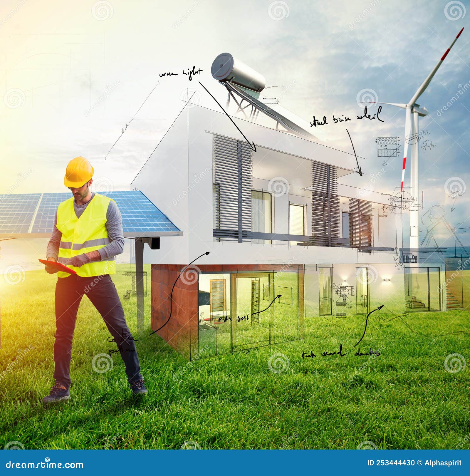 Technical at Work with a Building of a New House Stock Photo - Image of ...