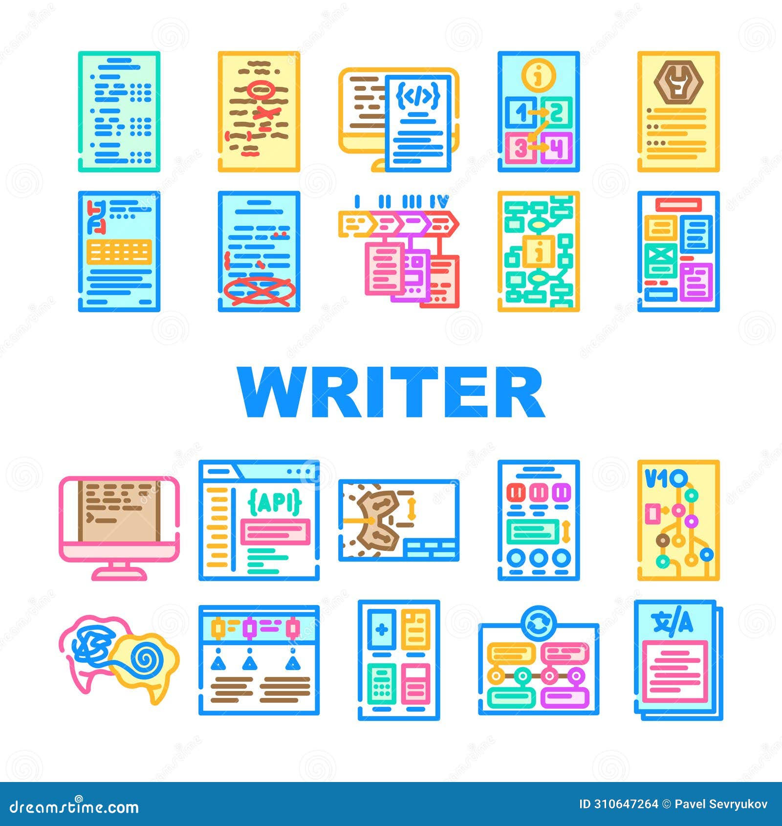 Technical Writer Document Manual Icons Set Vector Stock Illustration ...