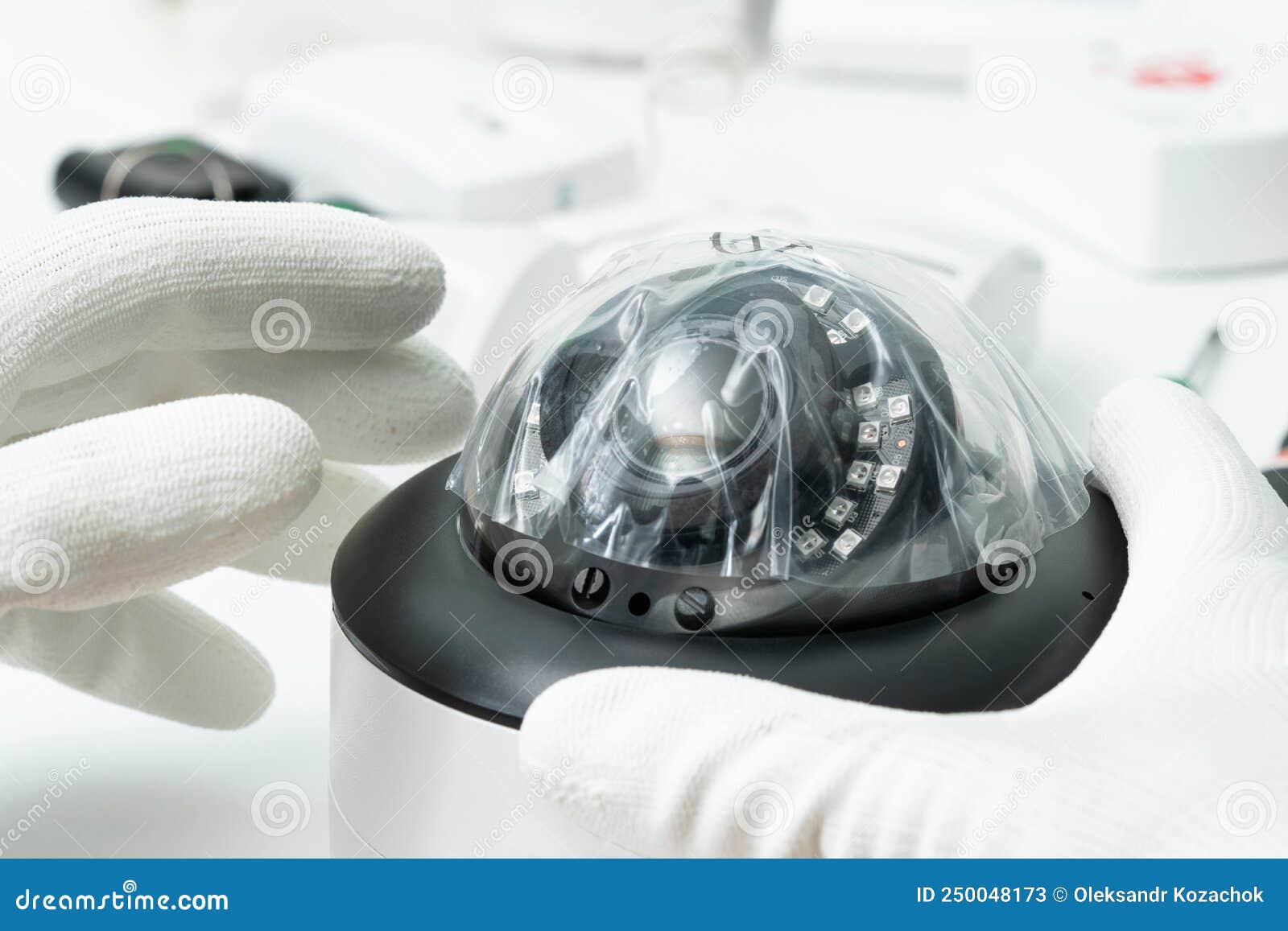 Technician Adjusting Security Camera before Installation Wearing White ...