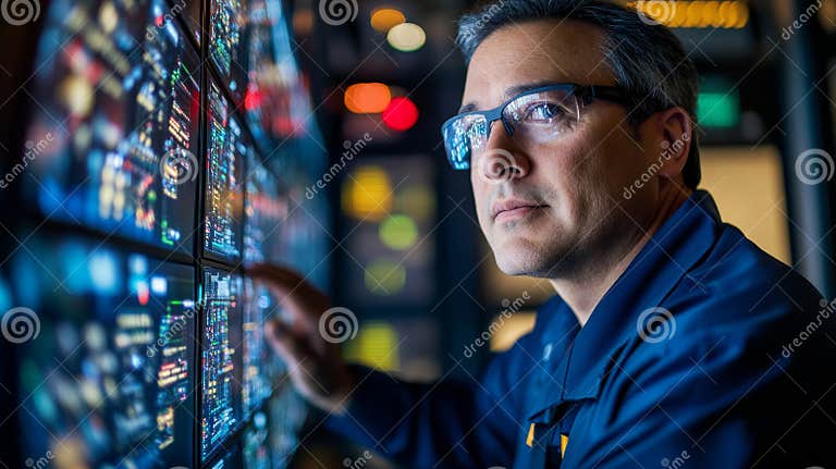 Technician Analyzing Data on Fiber Optic Network Control Panel Stock ...