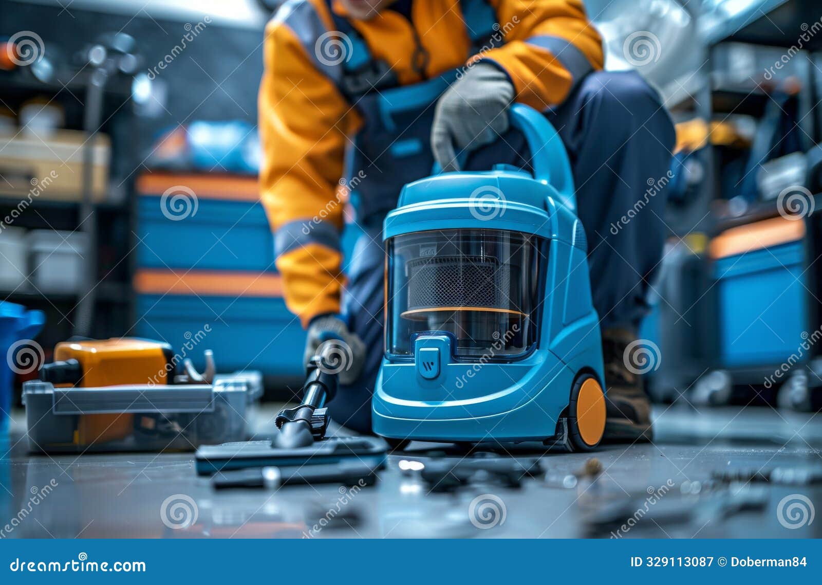 Technician Assembling Blue Vacuum Cleaner with Various Tools on ...