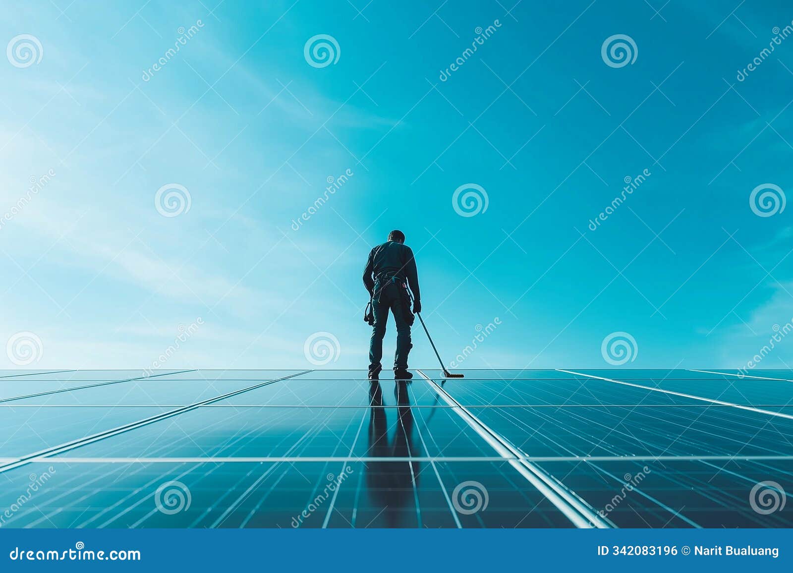 A Technician Carefully Cleaning Solar Panels on a Rooftop Stock Photo ...
