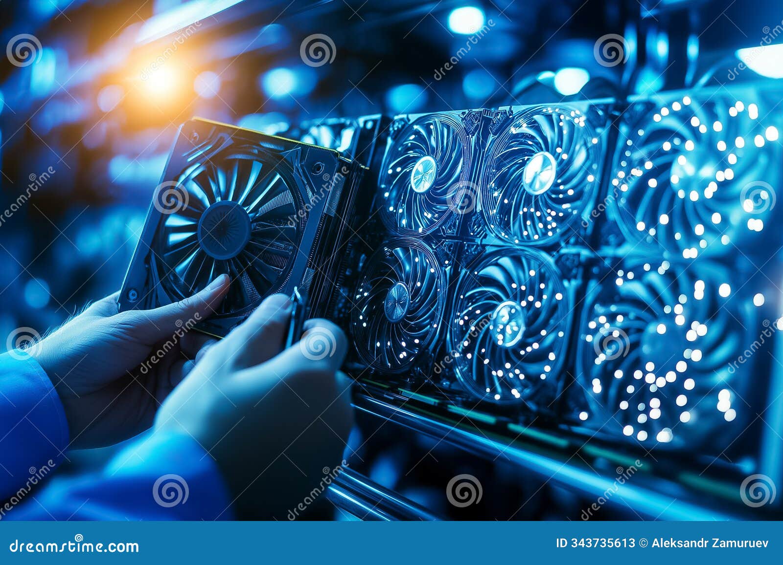 A Technician Carefully Installs a Graphics Card into a Server Rack ...