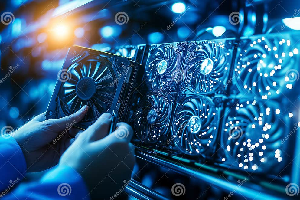 A Technician Carefully Installs a Graphics Card into a Server Rack Filled with Advanced Hardware ...