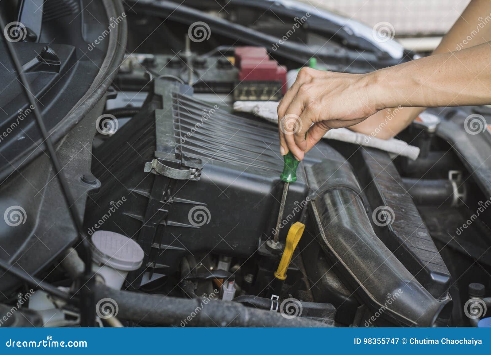 Technician Check Hole On Old The Gasoline Injector Part In Engine Room ...