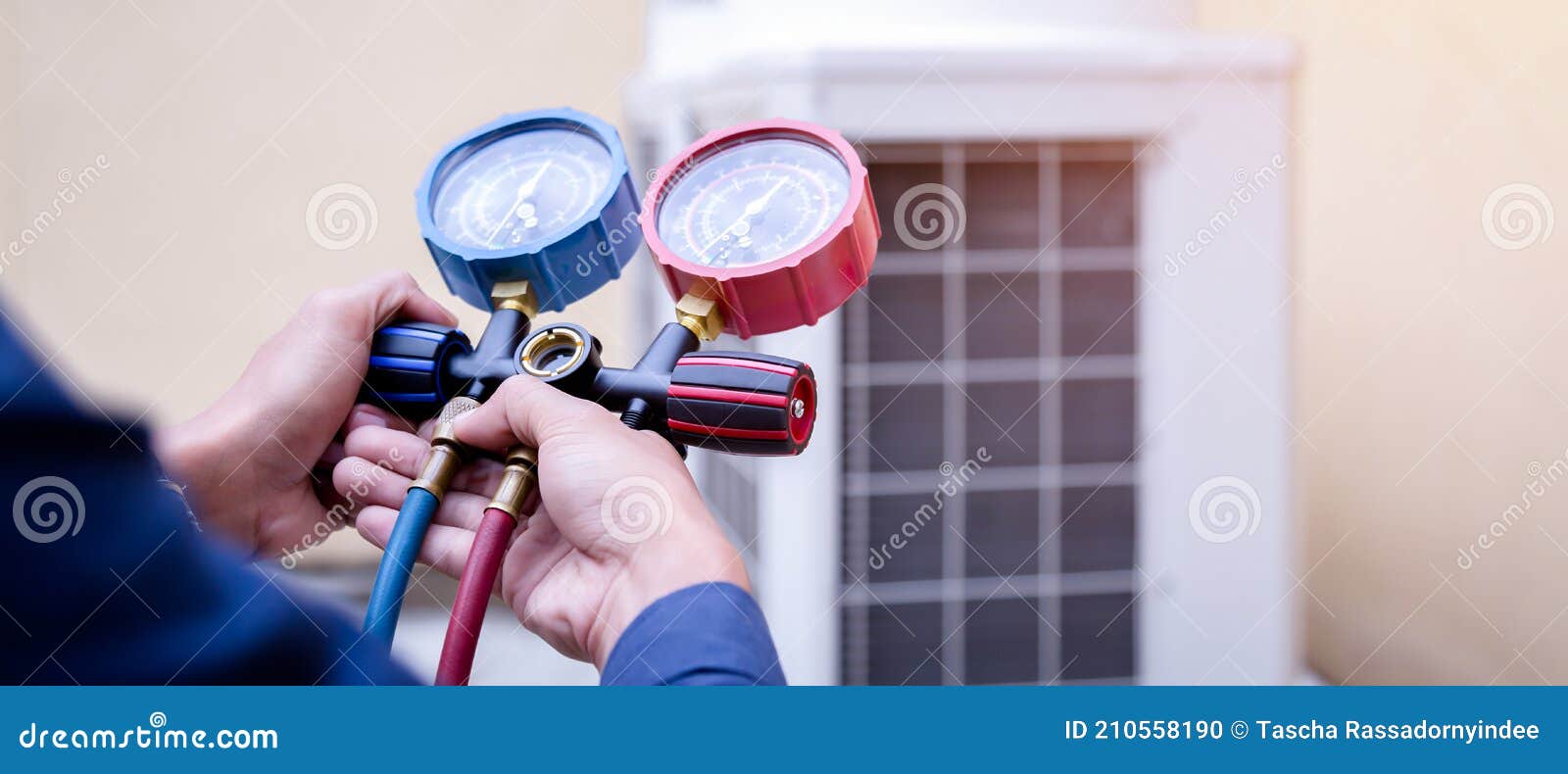 Technician is Checking Air Conditioner ,measuring Equipment for Filling ...
