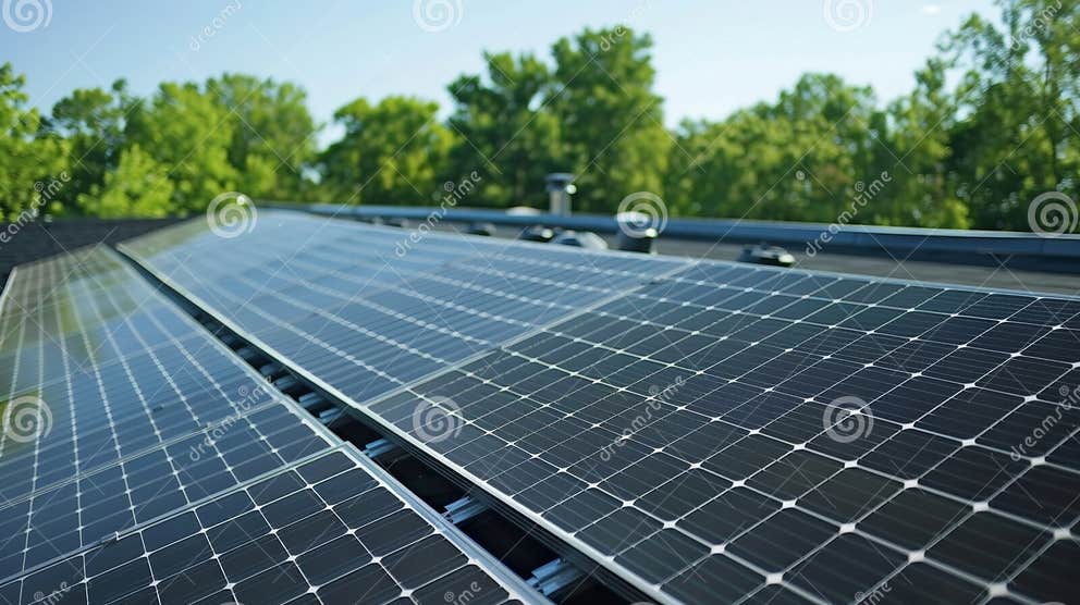 A Technician Checking the Alignment of Solar Panels on a Sloped Rooftop ...