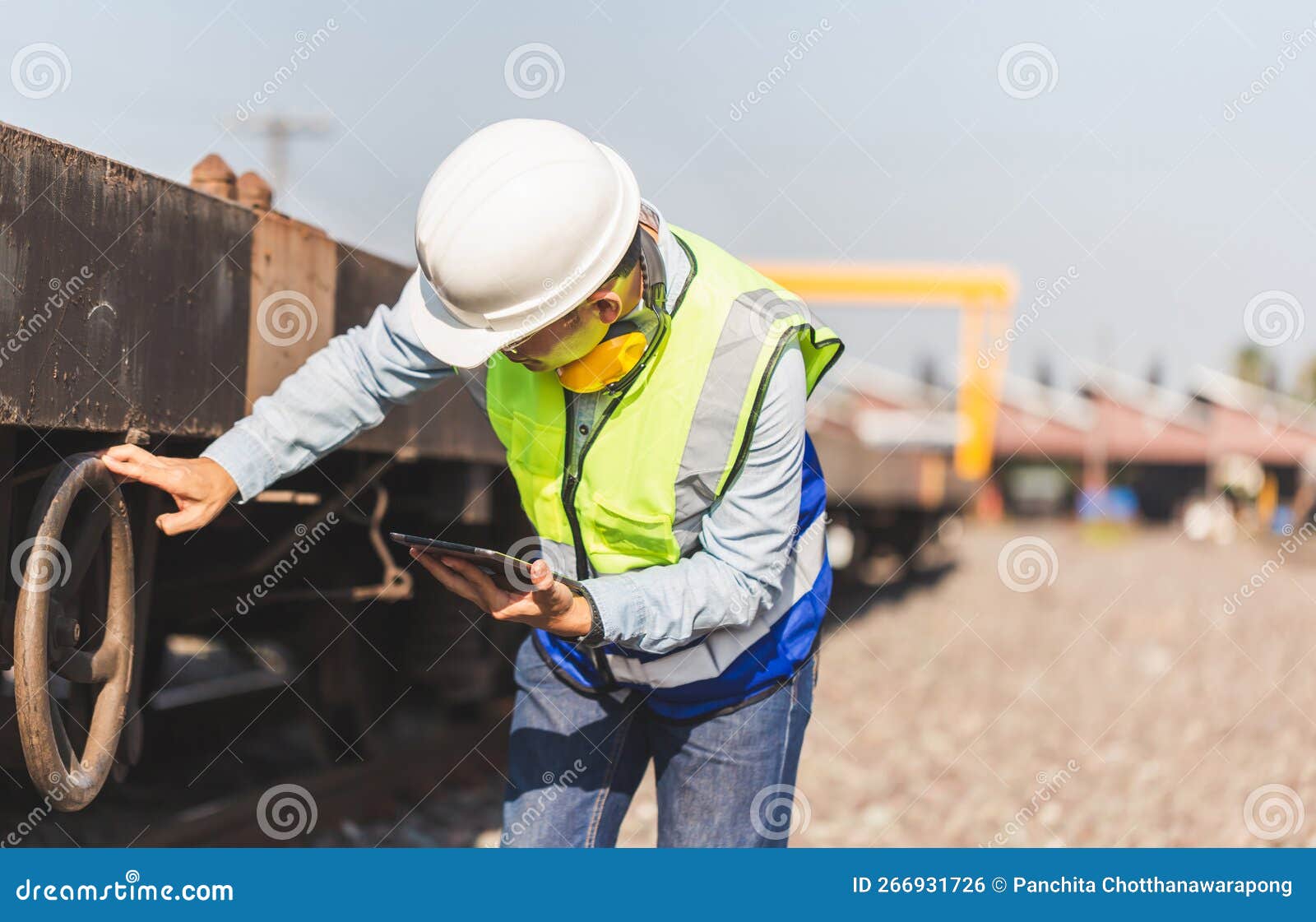 Technician Checking the Freight Car Brake System, Engineer Man Working ... Technician Checking the Freight Car Brake System, Engineer Man Working ...