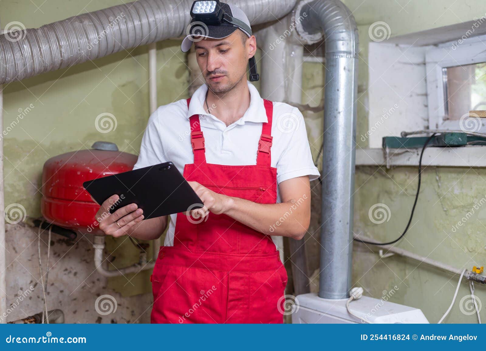 The Technician Checking the Heating System in the Boiler Room with ...