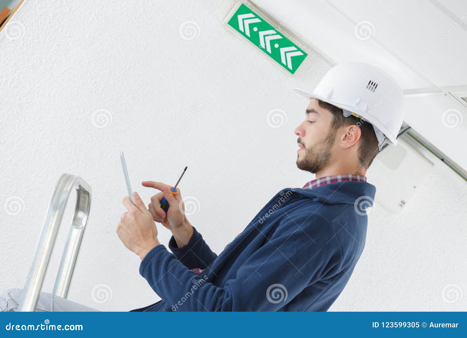 Technician Climbing on Ladder Stock Image - Image of electric, industry ...