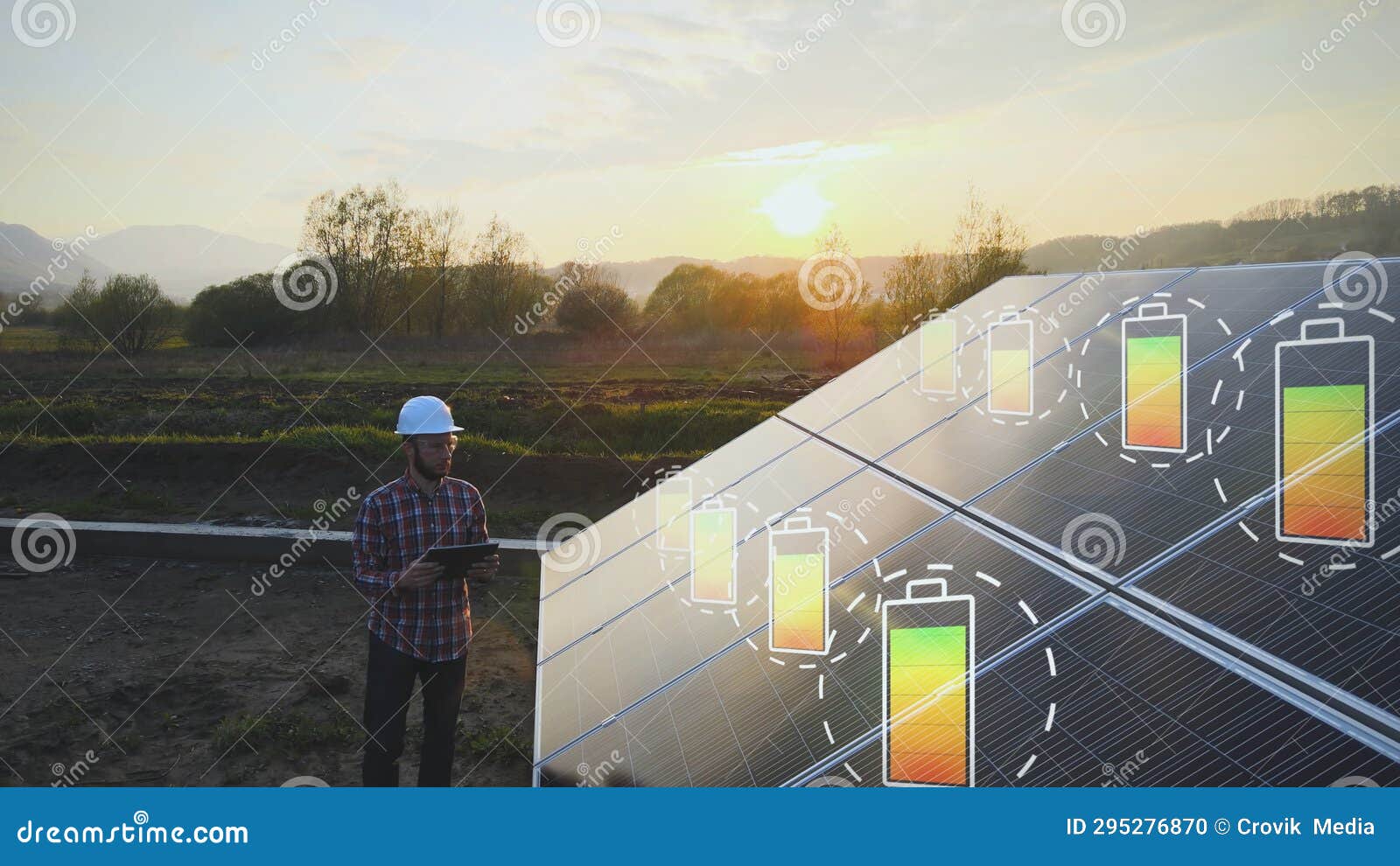 Technician Collecting Solar Power Charging Data and Battery Condition ...